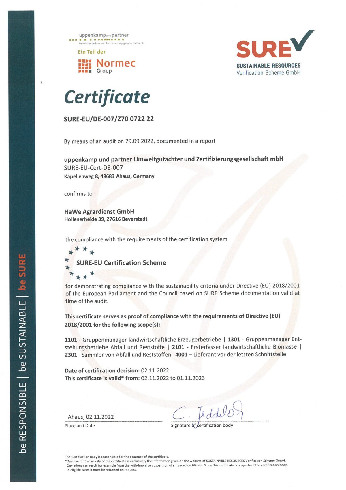 SURE-Zertifikat – Maschinenring Wesermünde-Osterholz e.V.